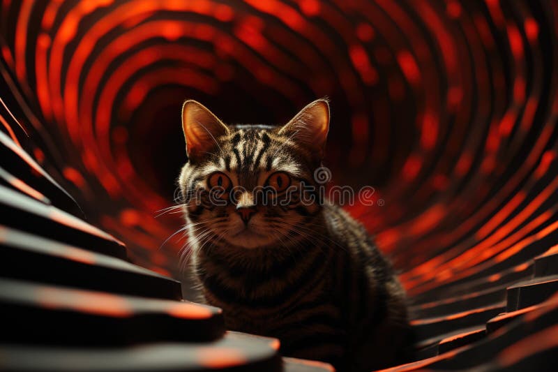 A Cat Sitting in a Dark Tunnel with Red Lights, AI Stock Illustration ...