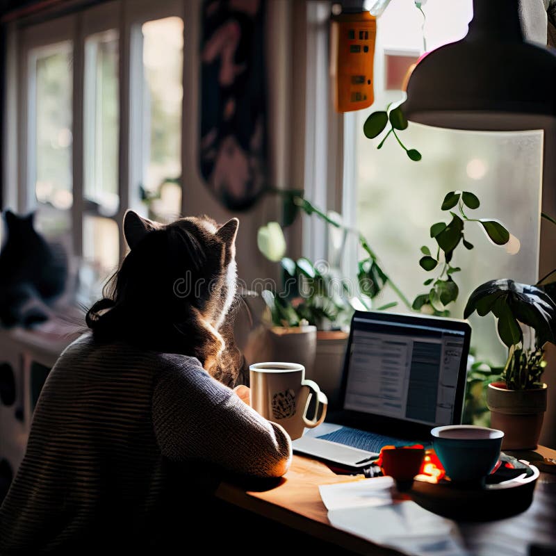A Cat Sitting at a Desk with a Laptop Computer Stock Illustration ...