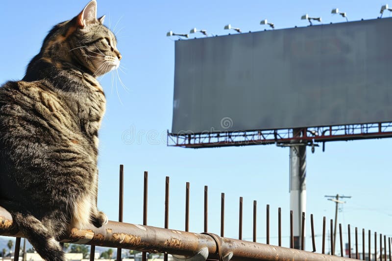 Cat Sitting on a Fence, Towering Empty Billboard Behind on a Bright Day ...