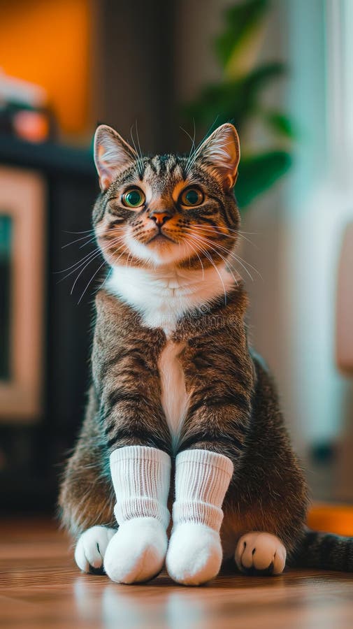 A Cat Sitting on the Floor Wearing a Pair of Socks Stock Image - Image of black, white: 330518025