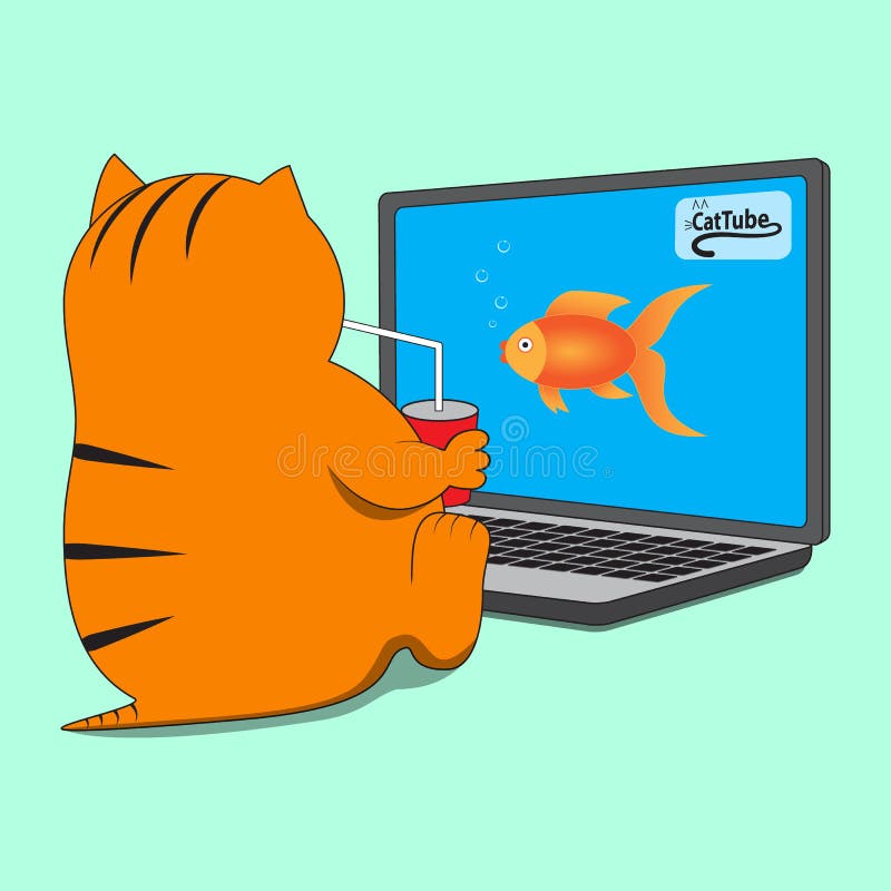 Cat Sitting in Front of Computer with Cup of Drink. Stock Vector ...