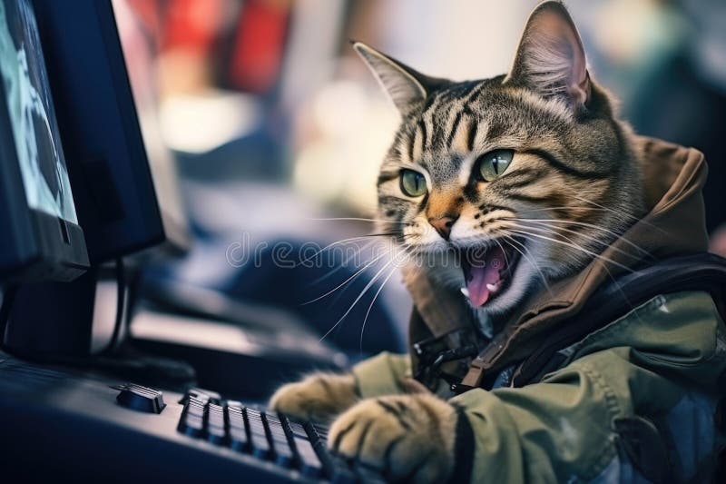 A Cat is Sitting in Front of a Computer Keyboard and is Wearing a Green ...
