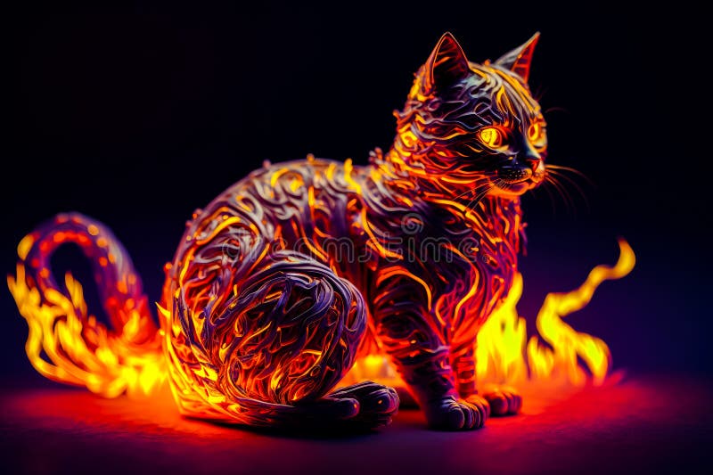 Cat Sitting in Front of Fire on Black Background with Red and Yellow ...