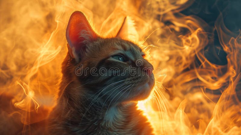 A Cat Sitting in Front of a Fire with Flames Around it, AI Stock Photo ...