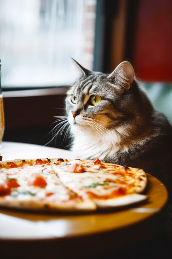 Cat Sitting in Front of Pizza on Table Next To Glass of Beer ...