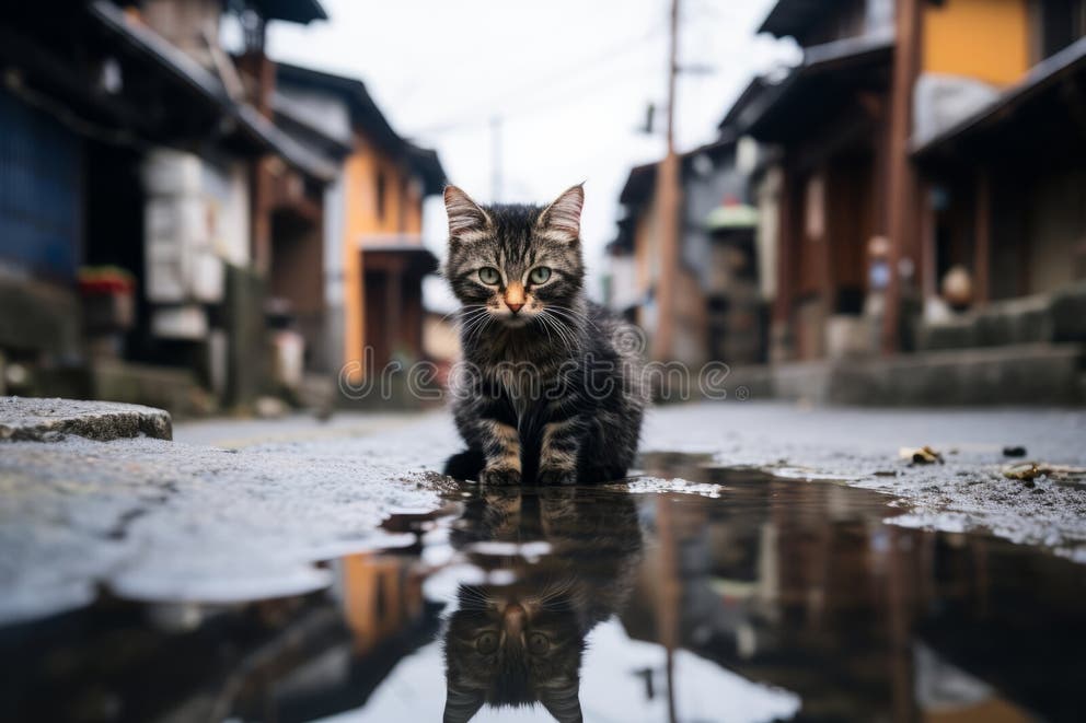 A Cat Sitting on the Ground in a Puddle Stock Illustration ...