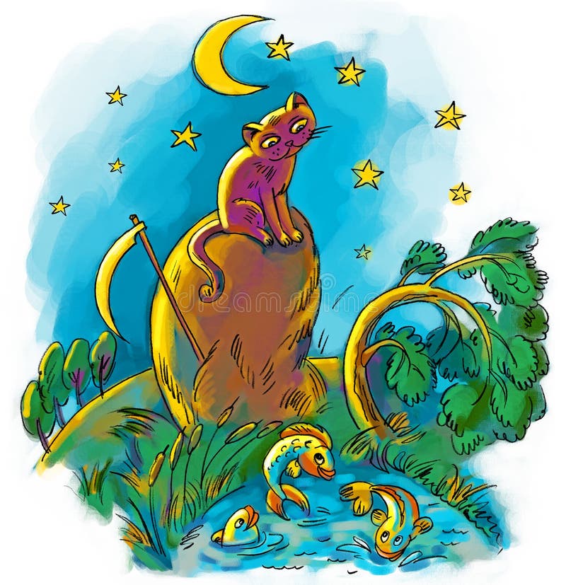 Cat Sitting on a Haystack at Night Stock Illustration - Illustration of ...