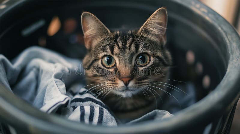 A Cat is Sitting in a Laundry Basket Stock Illustration - Illustration ...