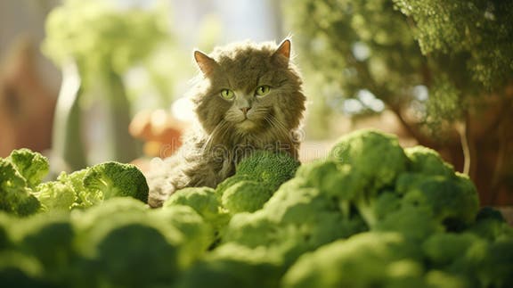 A Cat is Sitting in the Middle of a Bunch of Broccoli, AI Stock ...
