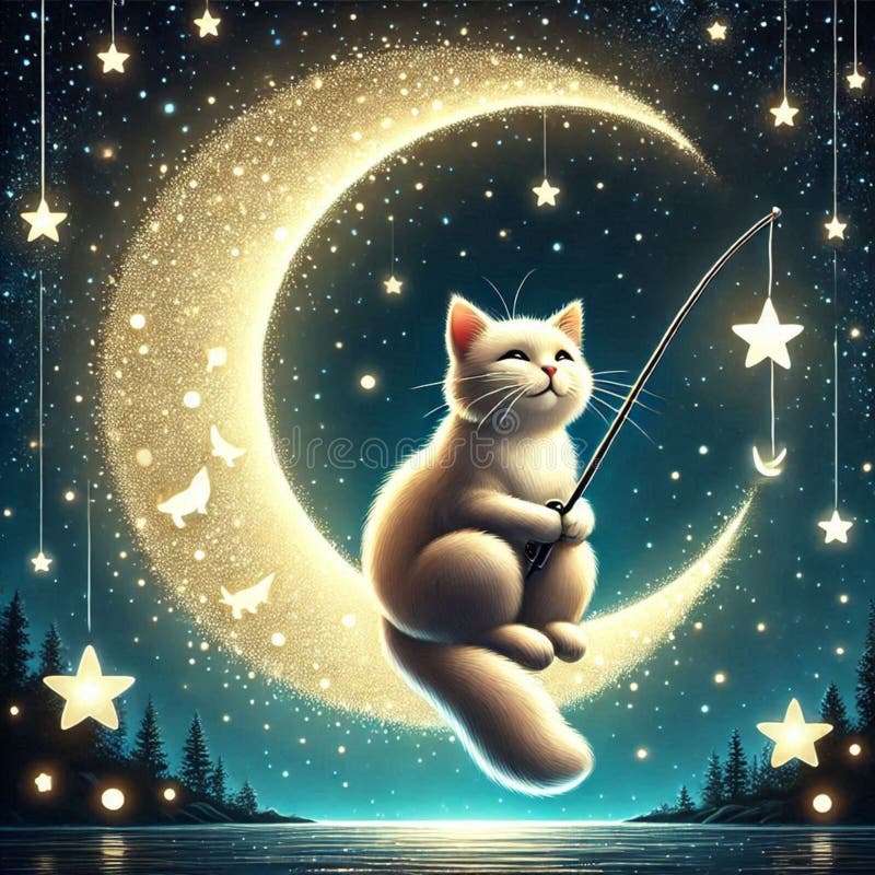 A Cat Sitting on the Moon, Fishing for Stars. - 1 Stock Illustration ...
