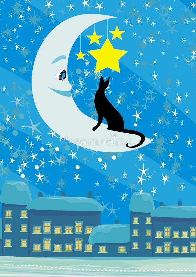 Cat Sitting on the Moon in the Night Sky Stock Vector - Illustration of ...