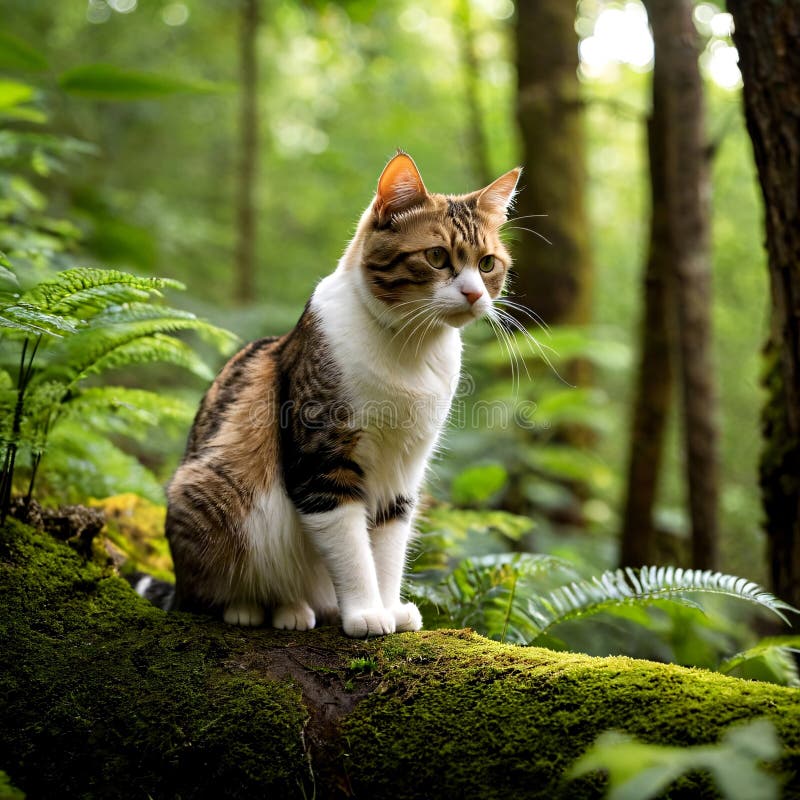 Cat Sitting on a Mossy Log in the Forest. Stock Illustration ...