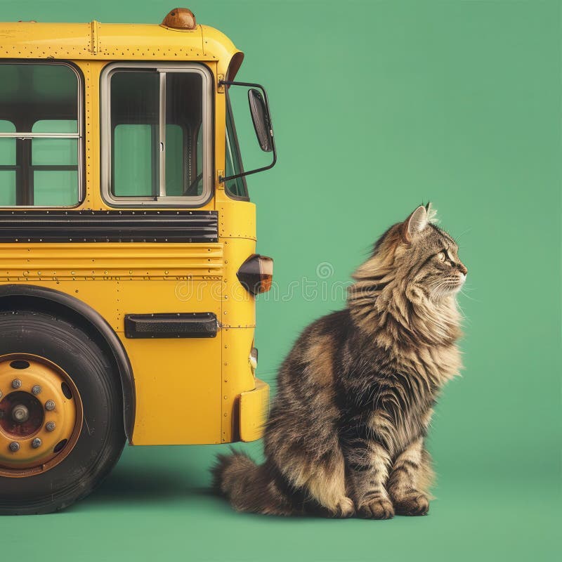 A Cat Sitting Next To a School Bus, Isolated on a Green Background ...