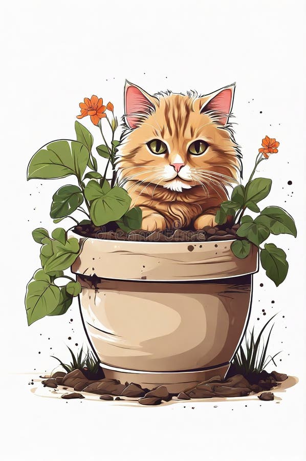 A Cat is Sitting in a Pot with Flowers Stock Illustration ...