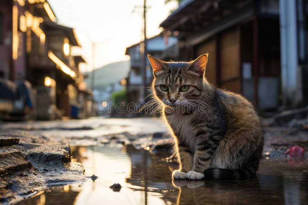 A Cat Sitting in a Puddle on the Street Stock Illustration ...