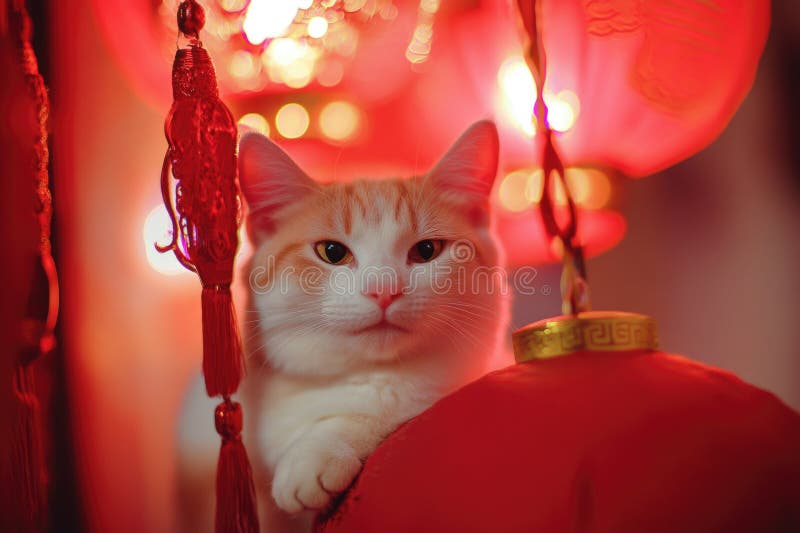 Cat is Sitting on a Red Lantern Stock Photo - Image of camera ...