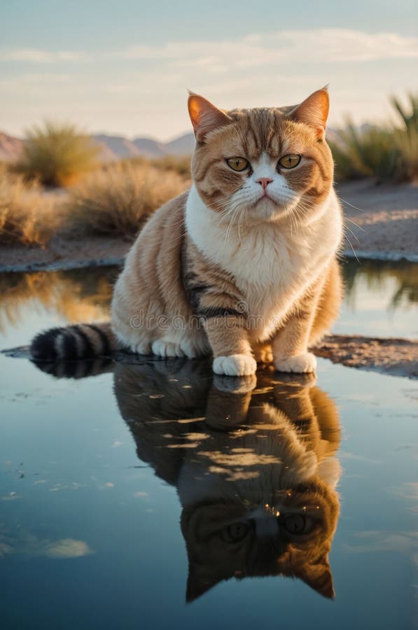 Majestic British Shorthair Cat Sitting by a Puddle at Sunset Stock ...