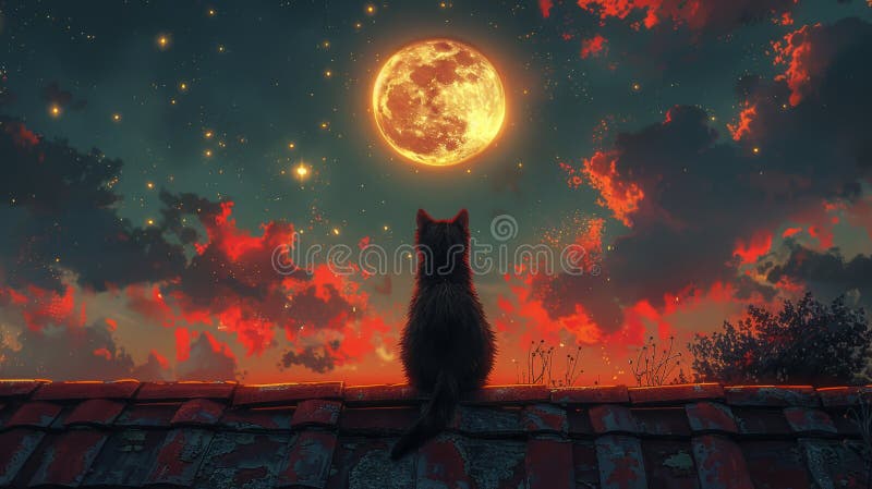A Cat is Sitting on a Rooftop, Looking at the Full Moon Stock ...