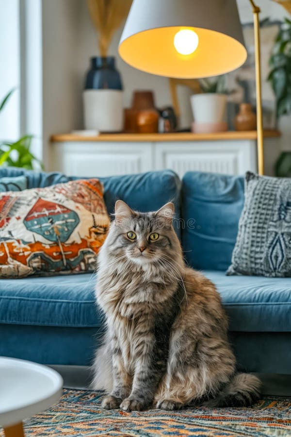 A Cat Sitting on a Rug in Front of a Blue Couch. Generative AI Stock ...