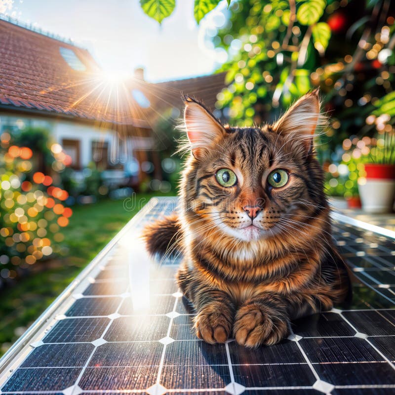 Sunbathing Kitty on Solar Panel Paradise, Generative Ai Stock ...