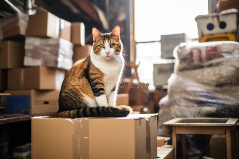 Cat Sitting on a Stack of Packed Boxes Stock Image - Image of ...