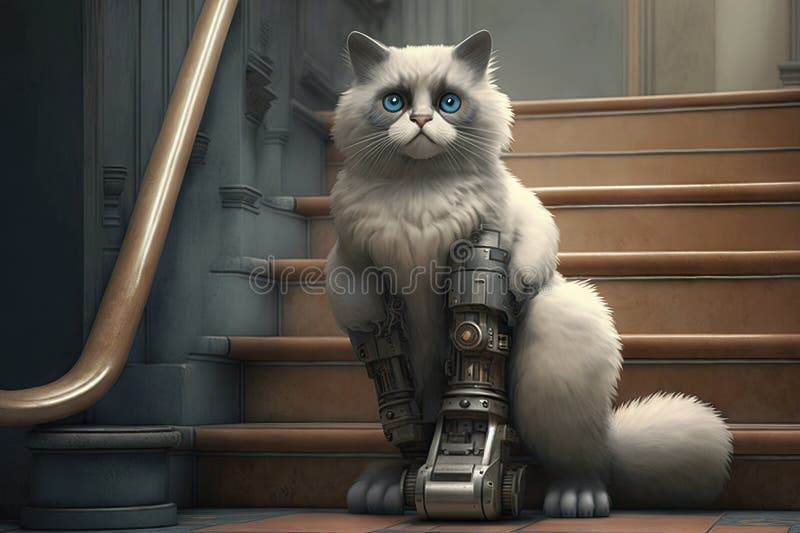 Cat, Sitting on the Stairs with a Robotic Leg and Fluffy Tail Stock ...