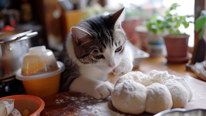 A Cat Sitting on a Table with Dough in Front of it, AI Stock Image ...