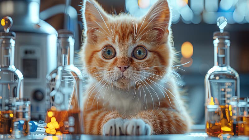 A Cat is Sitting on a Table with a Few Bottles and a Beaker Stock Photo ...
