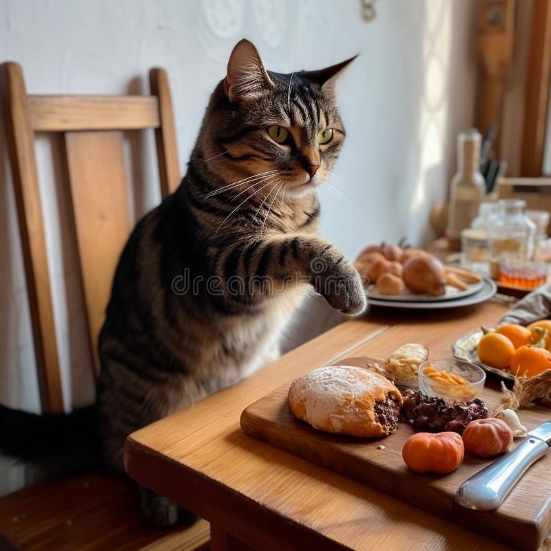 Cat Sitting at Table with Food Stock Illustration - Illustration of ...