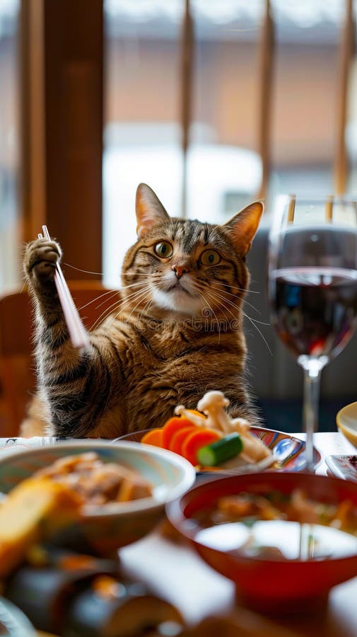A Cat Sitting at a Table with Food and Wine Stock Photo - Image of ...