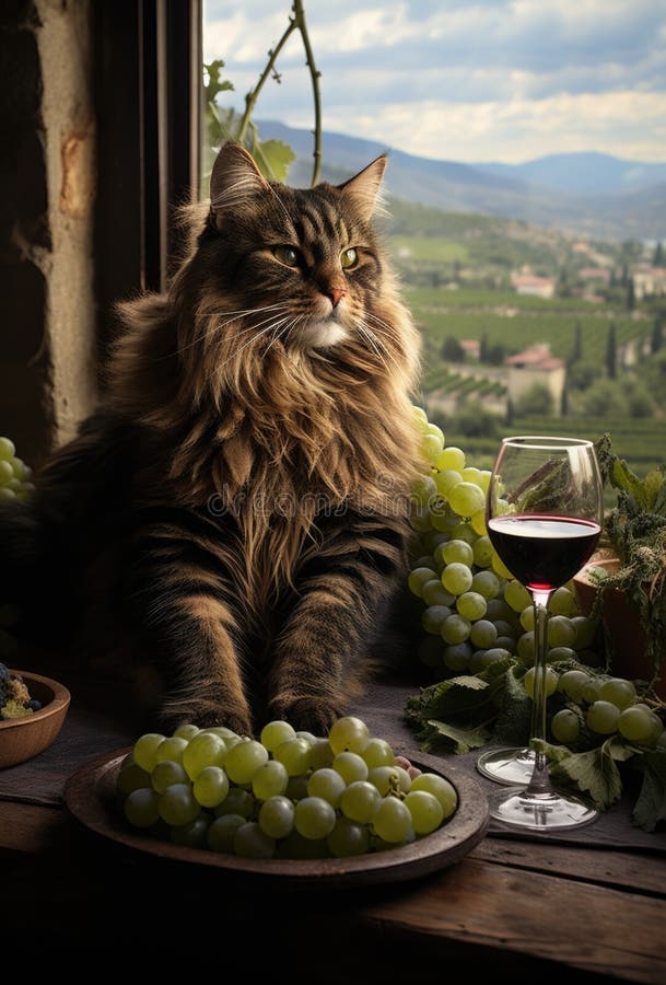 A Cat Sitting on a Table with Grapes and a Glass of Wine, AI Stock ...