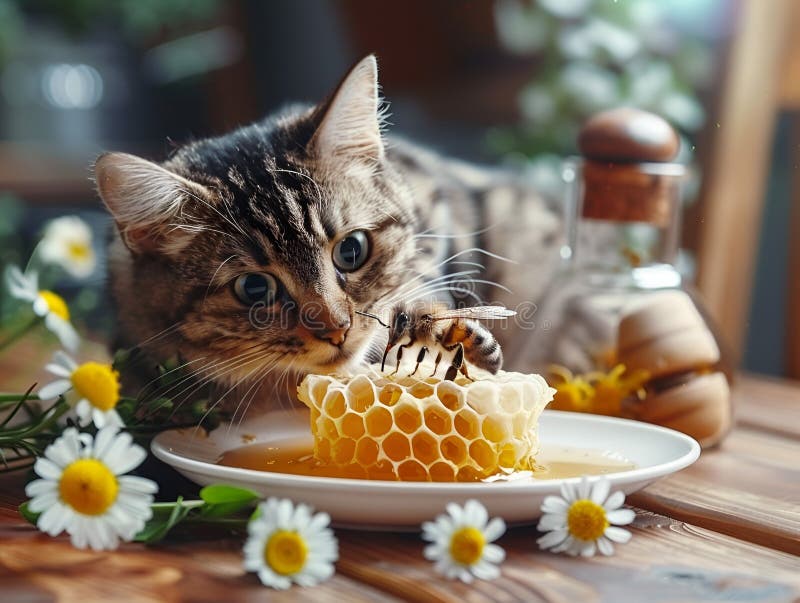 Cat Sitting on the Table and Looking at a Bee on the Honeycomb on the ...
