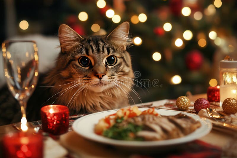 A Cat is Sitting at a Table with a Plate of Food in Front of it Stock ...
