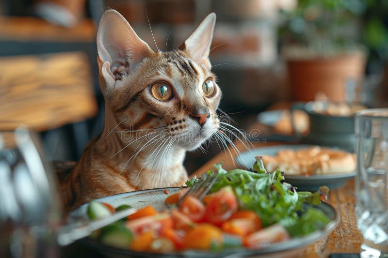 Cat Sitting at a Table with a Salad in a Cozy Cafe. Stock Image - Image ...