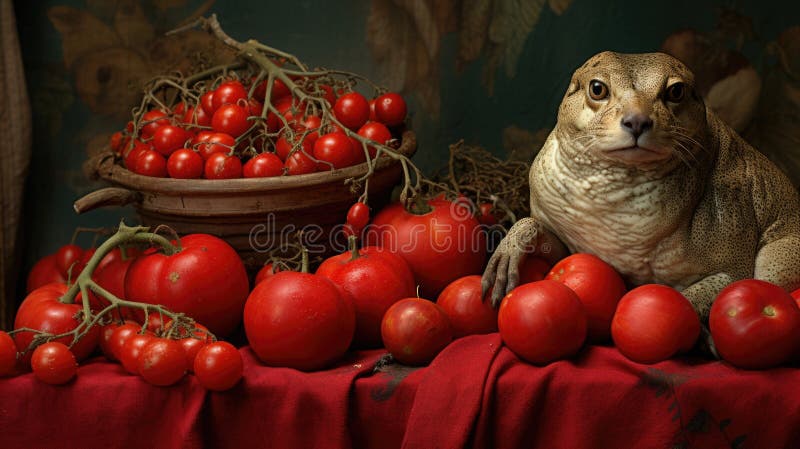 A Weird Creature is Sitting on a Table with Tomatoes and a Basket of ...