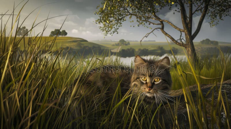A Cat Sitting in Tall Grass by a Lake with Trees, AI Stock Image ...
