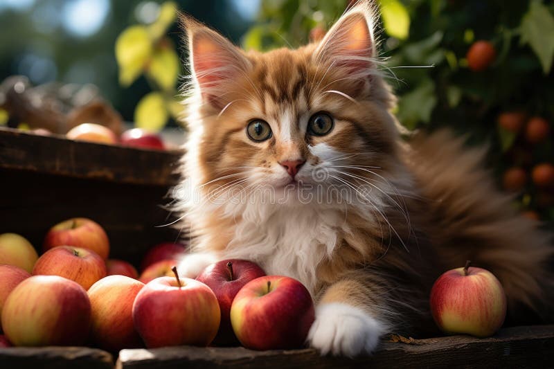 A Cat Sitting on Top of Apples, AI Stock Image - Image of grass ...