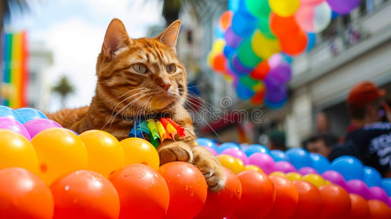 A Cat Sitting on Top of Balloons in a Parade Stock Image - Image of ...
