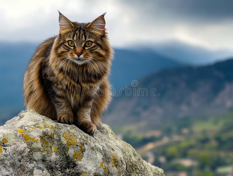 A Cat Sitting on Top of a Large Rock Stock Photo - Image of cloudy ...