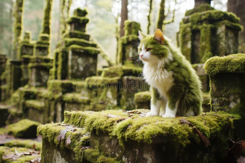 A Cat Sitting on Top of a Pile of Moss, AI Stock Photo - Image of ...