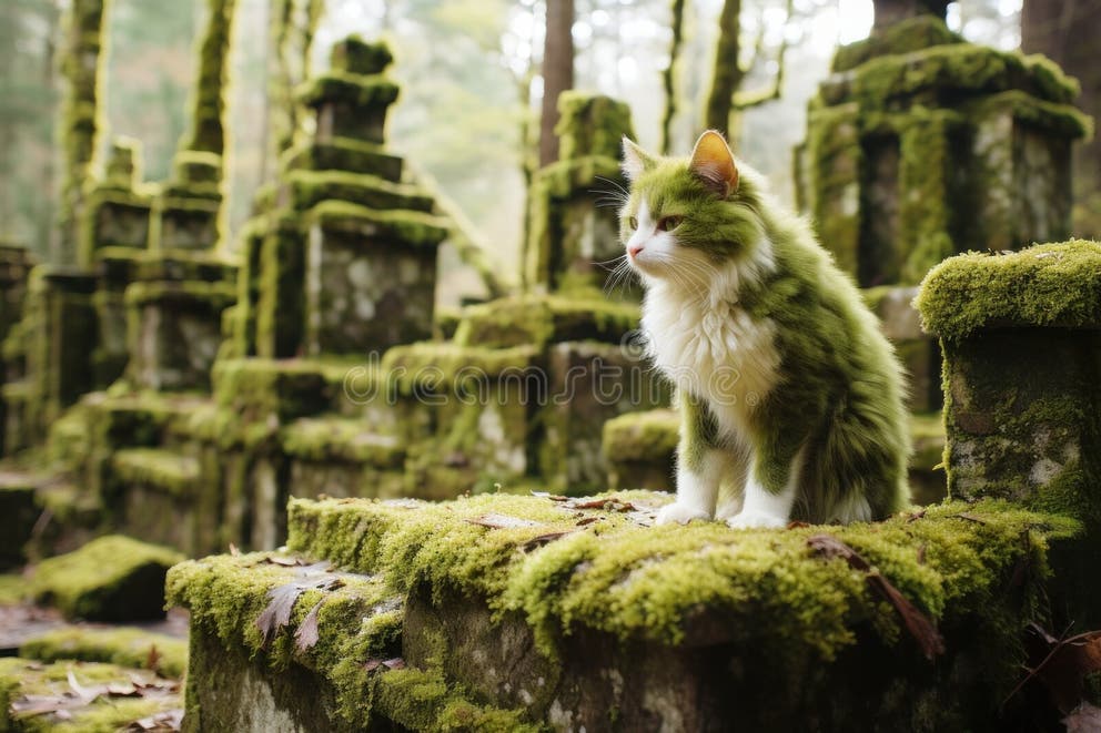 A Cat Sitting on Top of a Pile of Moss, AI Stock Photo - Image of ...