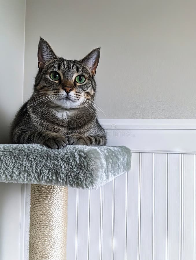 A Cat Sitting on Top of a Scratching Post Stock Photo - Image of mood ...