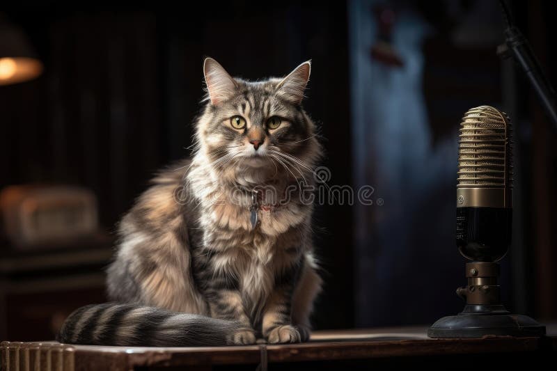 Cat, Sitting on Top of Vintage Microphone, in Retro Recording Studio ...