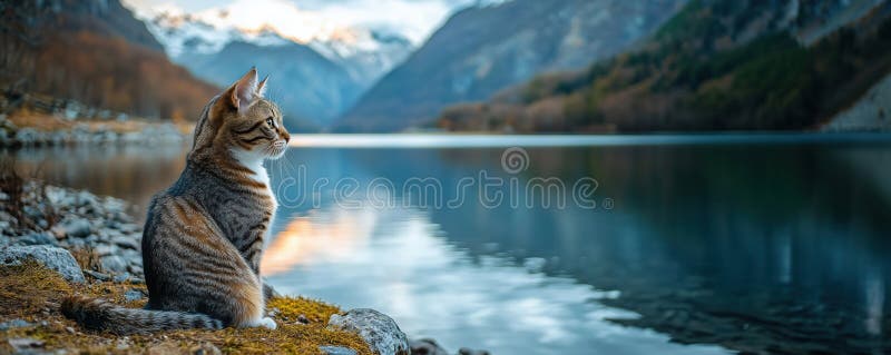 Cat Sitting by Tranquil Lake Surrounded by Mountains at Sunset, Copy ...