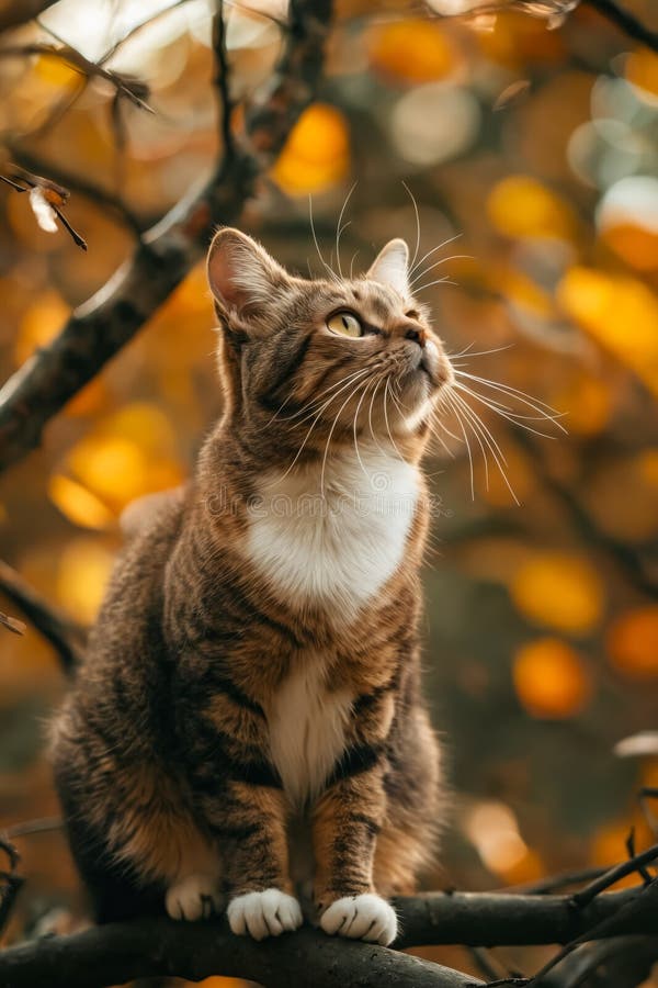 A Cat Sitting on a Tree Branch Looking Up at the Sky. Generative AI ...
