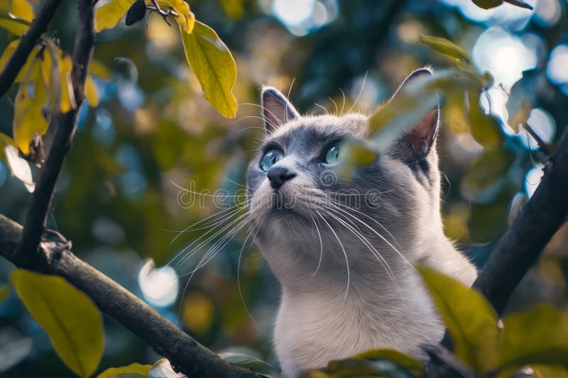 A Cat Sitting on a Tree Branch Looking Up at the Sky. Generative AI ...
