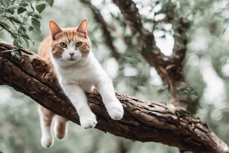 A Cat is Sitting on Tree Branch Stock Photo - Image of green, tabby ...