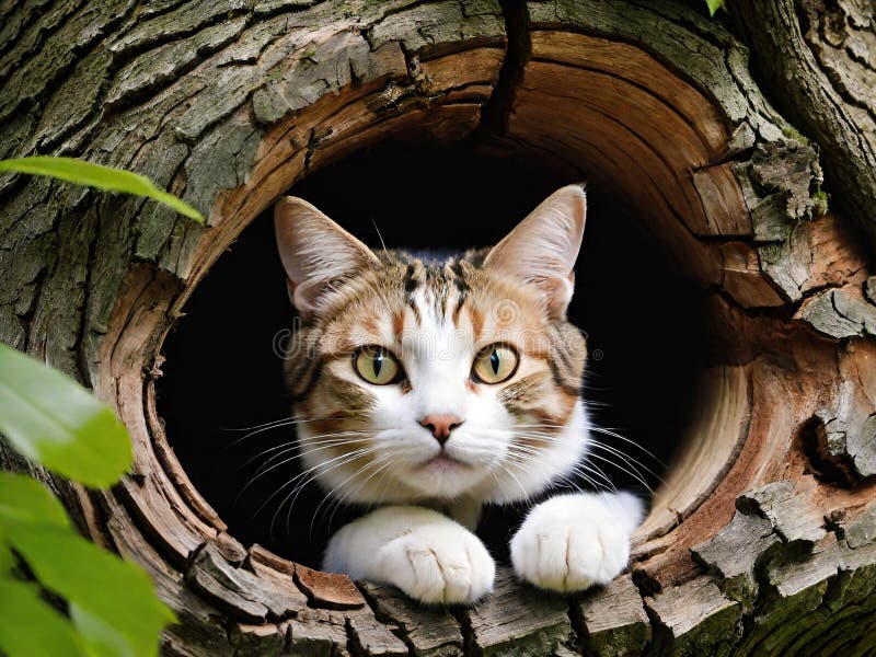 Cat Sitting on Tree in the Garden Stock Illustration - Illustration of ...