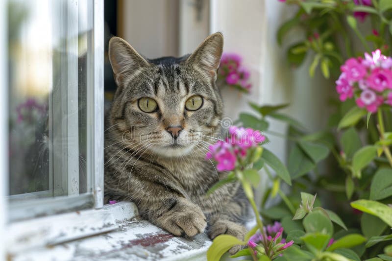 Cat sitting on window sill stock image. Image of relaxation - 320755755