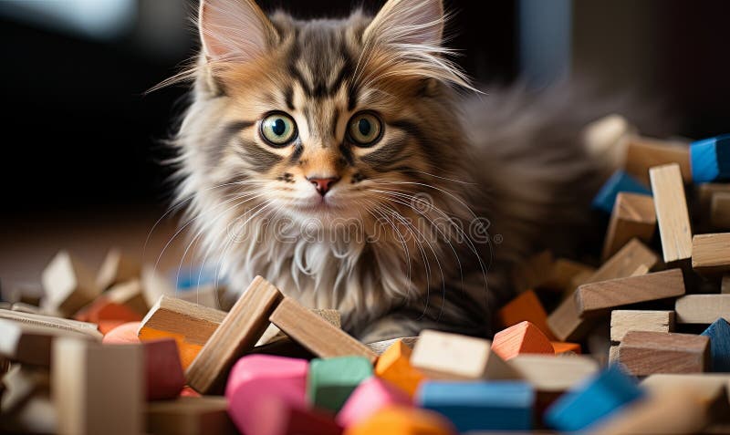 Cat Sitting on Wooden Blocks Stock Image - Image of furniture, paws ...